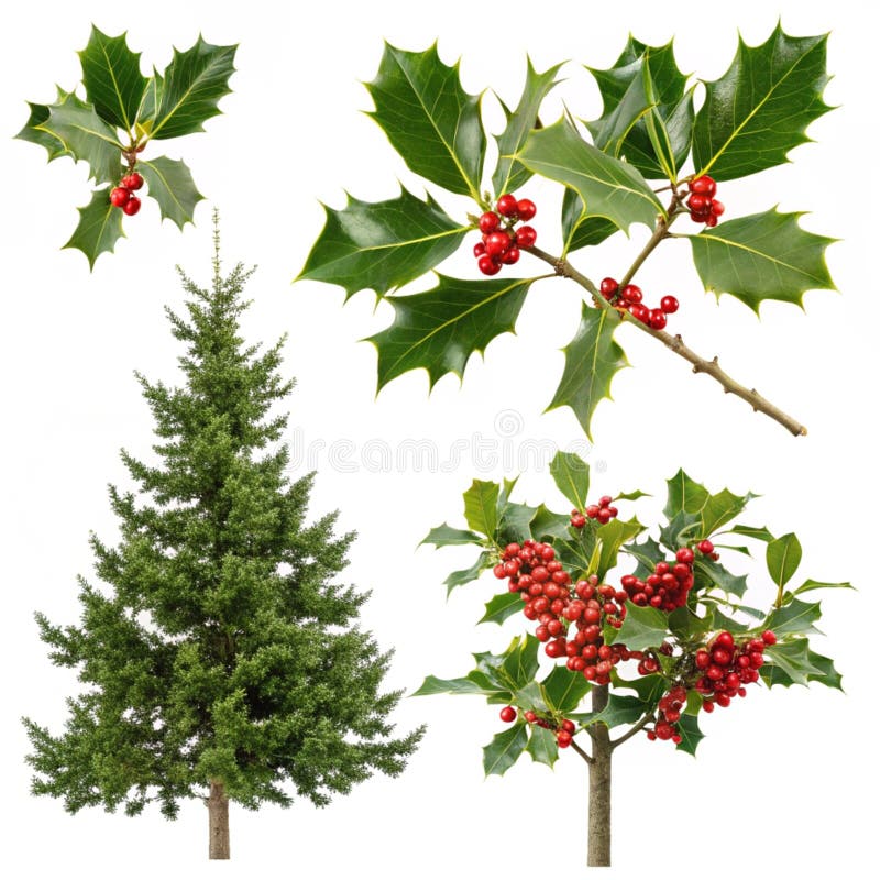 A Set of Photos of Holly and Holly Trees on White Background Stock ...