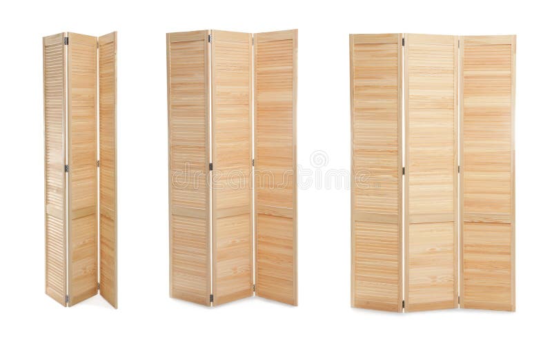 Set with Photos of Wooden Room Divider Screen on White Background Stock ...