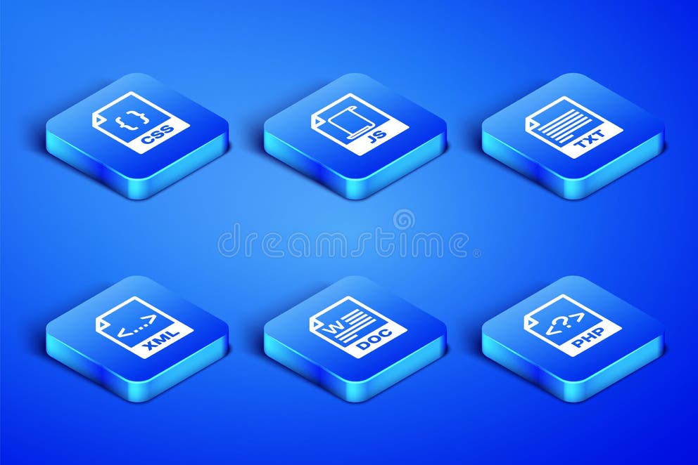 Set PHP File Document, CSS, DOC, XML, JS and TXT Icon. Vector Stock Vector - Illustration of ...