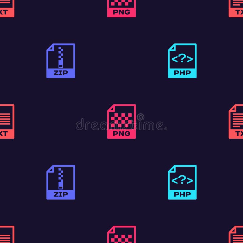 Set PHP File Document, ZIP, PNG and TXT on Seamless Pattern. Vector ...