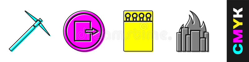 Set Pickaxe Fire Exit Open Matchbox Y Cerillas Y Fuego En El Icono De ...