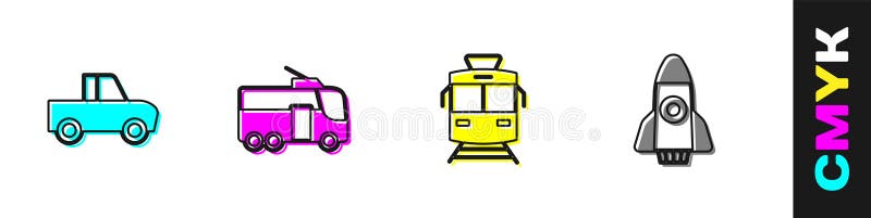 Set Pickup Truck, Trolleybus, Tram and Railway and Rocket Ship Icon ...