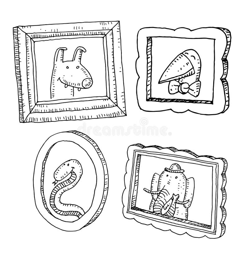 Set Picture Frames with Animals Portrait, Hand Drawn Vector ...