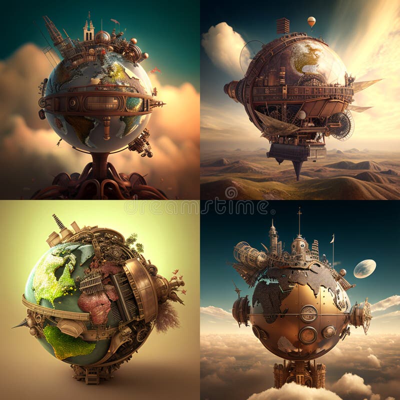 Set of 4 Pictures Steampunk Planet Earth. AI Generation Stock ...