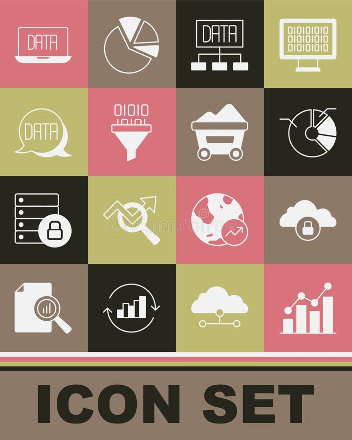 Set Pie Chart Infographic, Cloud Computing Lock, Data Analysis, Binary Code, and Coal Mine ...