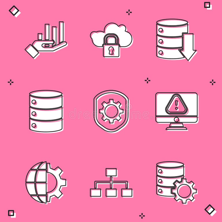 Set Pie Chart Infographic, Cloud Computing Lock, Server, Data, Web Hosting, Shield with Settings ...