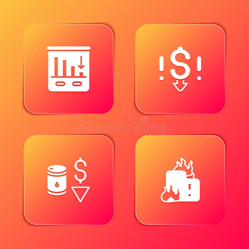 Set Pie Chart Infographic, Dollar Rate Decrease, Drop Crude Oil Price and Fire Burning House ...
