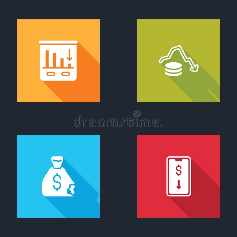 Set Pie Chart Infographic, Dollar Rate Decrease, Money Bag and Mobile Stock Trading Icon. Vector ...