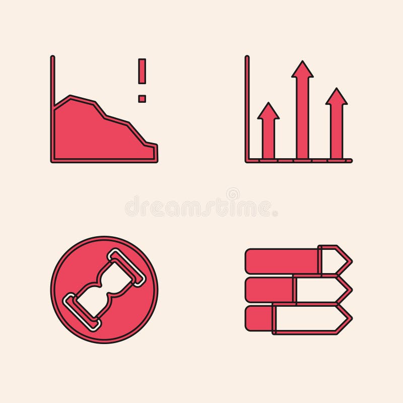 Set Pie Chart Infographic, Financial Growth Decrease, and Old Hourglass with Sand Icon. Vector ...