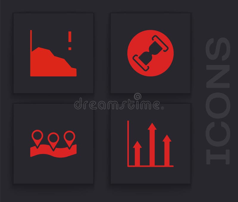 Set Pie Chart Infographic, Financial Growth Decrease, Old Hourglass with Sand and Location Icon ...