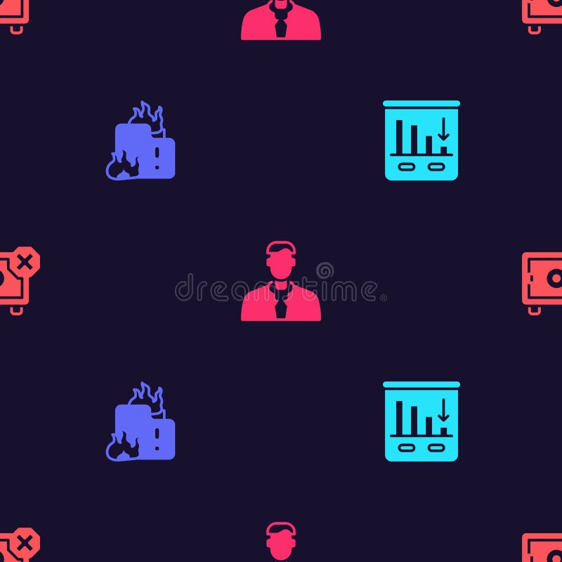 Set Pie Chart Infographic, Fire Burning House, Worker and Safe on Seamless Pattern. Vector Stock ...