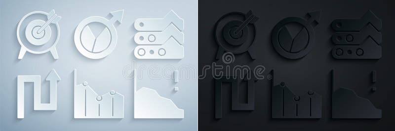 Set Pie Chart Infographic, Graph, Chart, Diagram, Arrow, Financial Growth Decrease, and Target ...