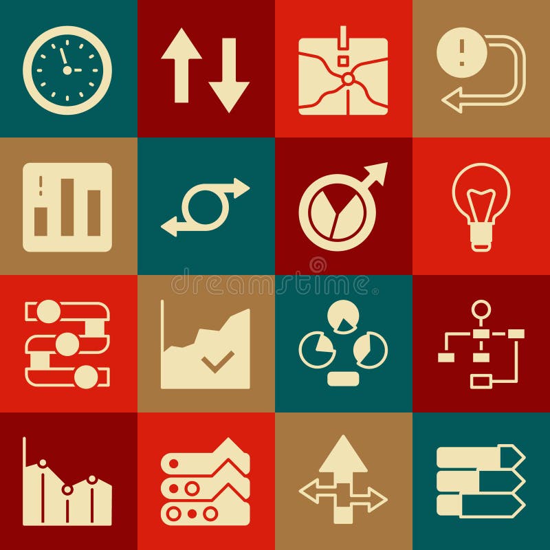 Set Pie Chart Infographic, Hierarchy Organogram, Light Bulb, Intersection Point, Arrow, Clock ...