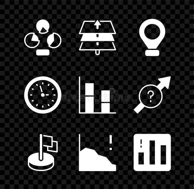 Set Pie Chart Infographic, Layers, Location, Flag, Financial Growth Decrease, Clock and Graph ...