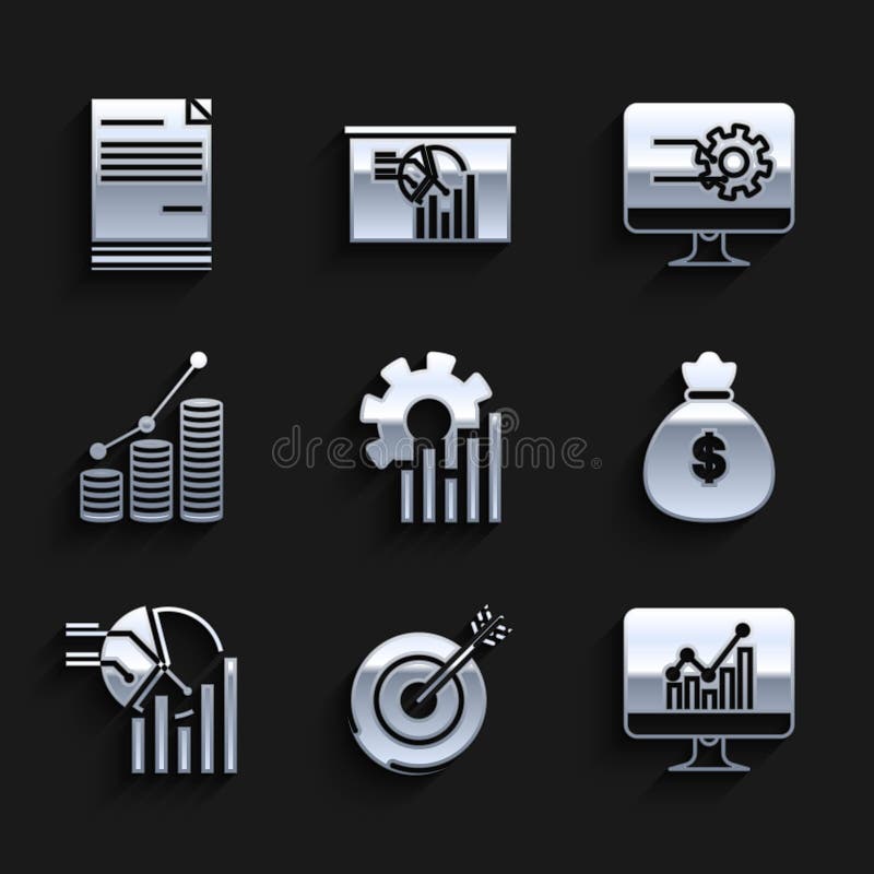 Set Pie Chart Infographic, Target, Computer Monitor with, Money Bag, and Coin, and Document Icon ...