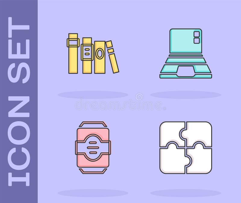 Set Piece of Puzzle, Book, Energy Drink and Laptop Icon. Vector Stock ...