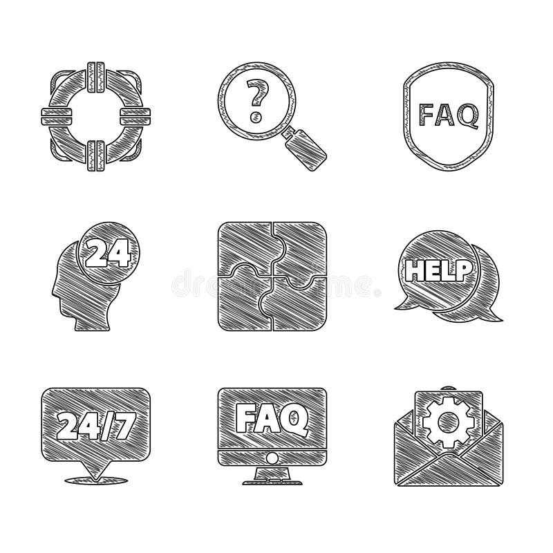 Set Piece of Puzzle, Computer Monitor and FAQ, Envelope Setting, Speech Bubble with Text Help ...