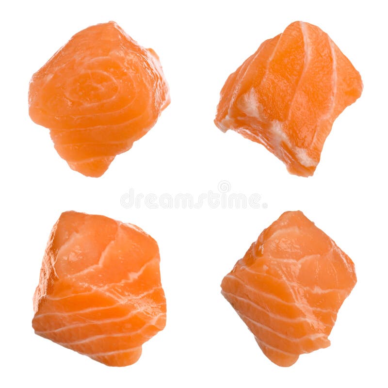 Set with Pieces of Fresh Raw Salmon on Background. Fish Delicacy Stock ...