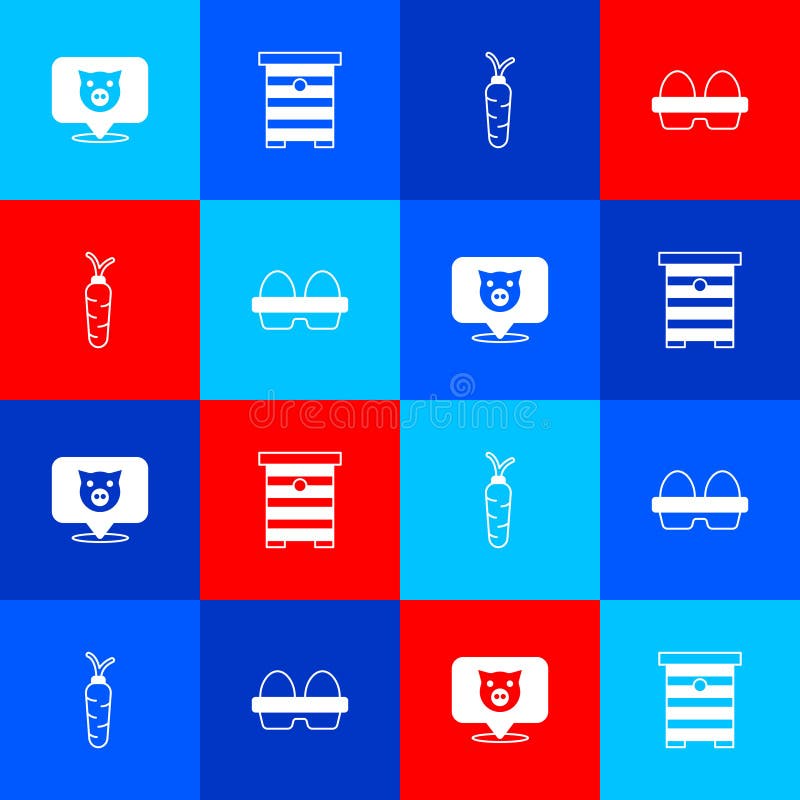 Set Pig, Hive for Bees, Carrot and Chicken Egg in Box Icon. Vector ...