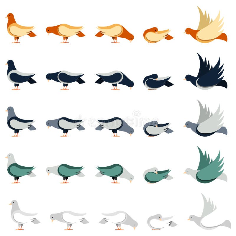 Set of Pigeons in Different Poses, Flat Style Stock Vector ...