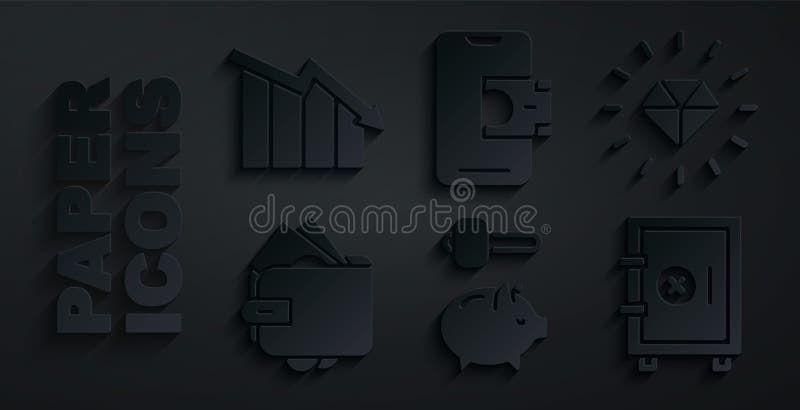 Set Piggy Bank and Hammer, Diamond, Wallet with Money, Safe, Mobile Banking and Financial Growth ...