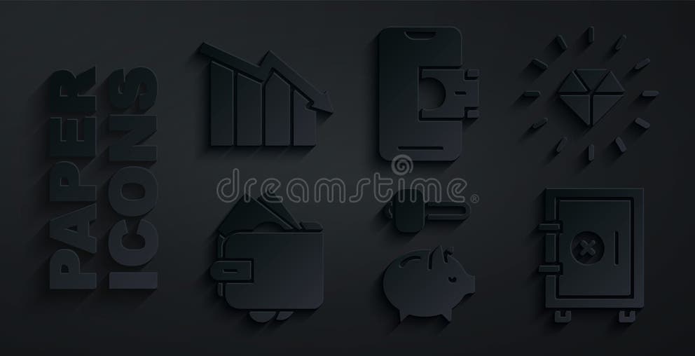 Set Piggy Bank and Hammer, Diamond, Wallet with Money, Safe, Mobile Banking and Financial Growth ...