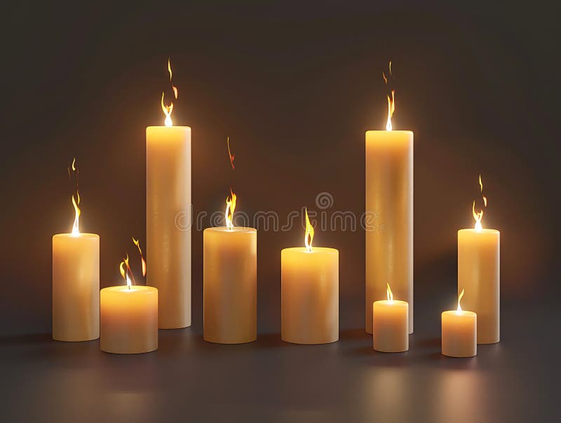 Set of Pillar Candles with Illuminated Flames in High Resolution Stock ...