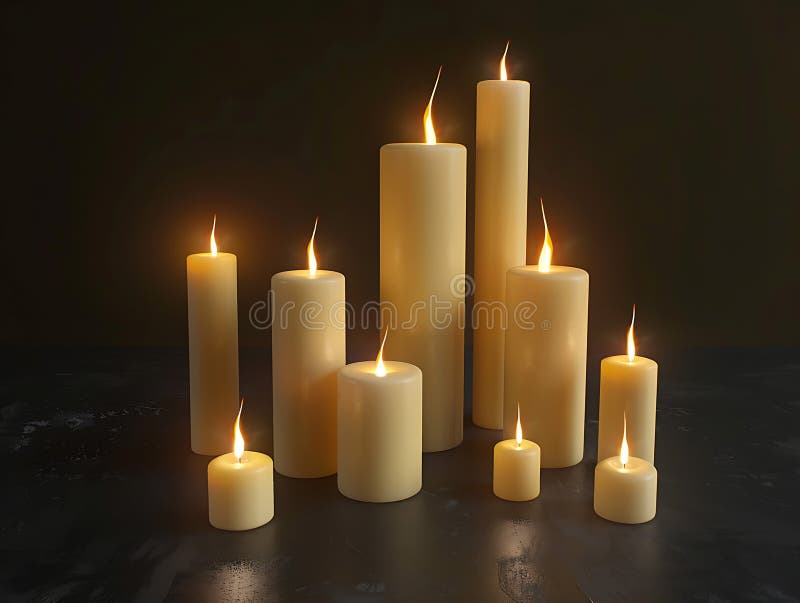 Set of Pillar Candles with Illuminated Flames in High Resolution Stock ...