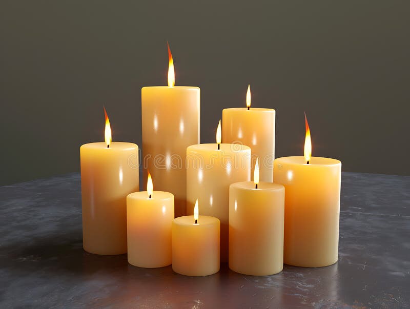 Set of Pillar Candles with Illuminated Flames in High Resolution Stock ...