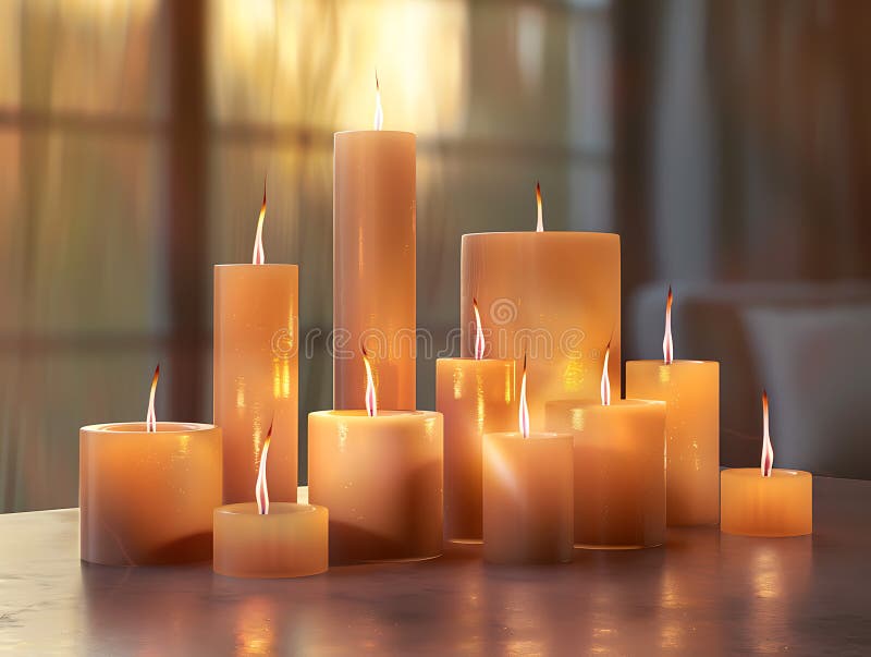 Set of Pillar Candles with Illuminated Flames in High Resolution Stock ...