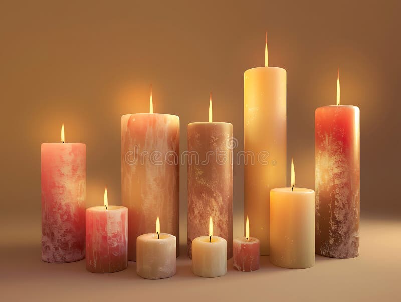 Set of Pillar Candles with Illuminated Flames in High Resolution Stock ...
