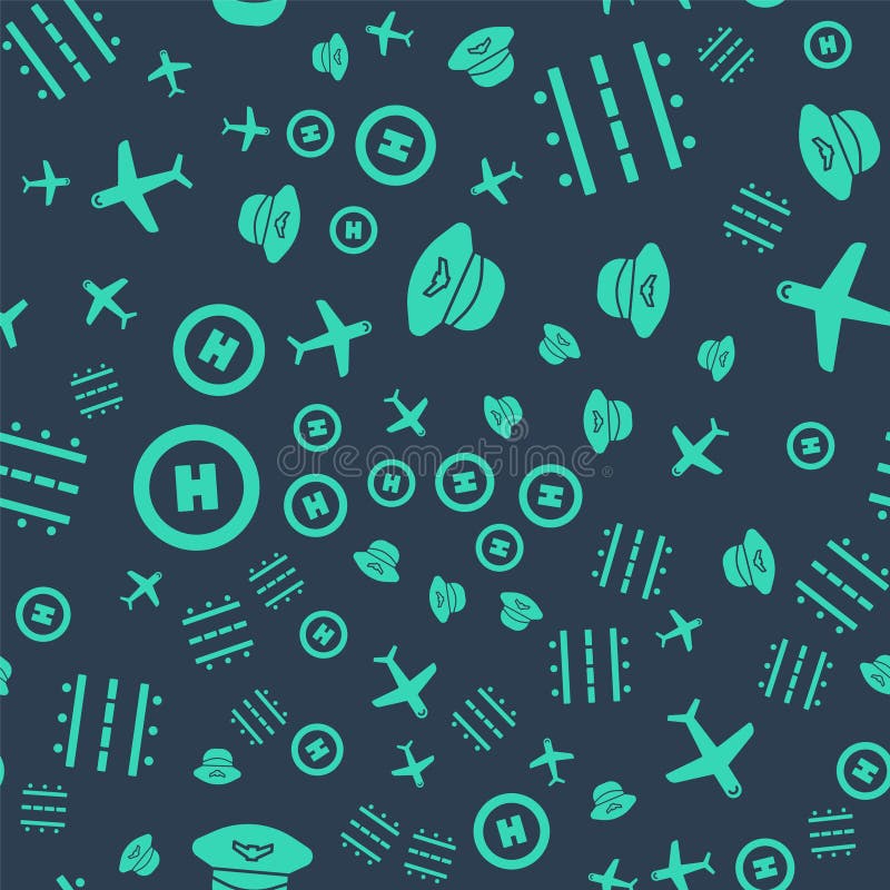 Set Pilot Hat, Airport Runway, Helicopter Landing Pad and Plane on ...