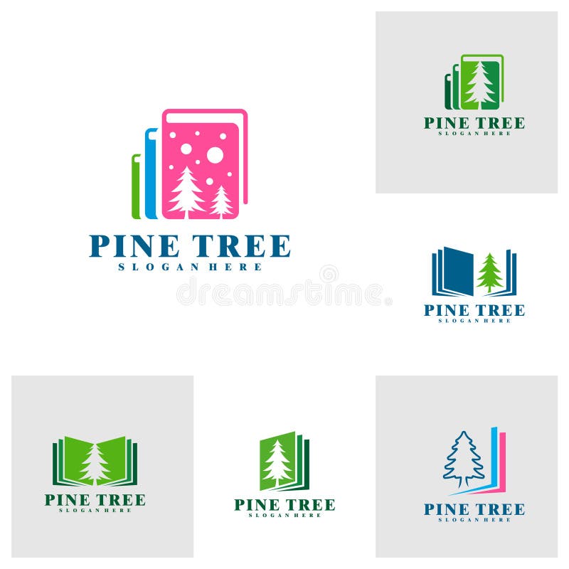 Set of Pine Tree with Book Logo Design Vector. Creative Pine Tree Logo ...