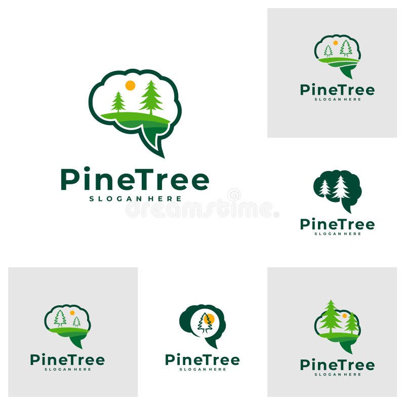 Set of Pine Tree with Brain Logo Design Vector. Creative Pine Tree Logo Concepts Template Stock ...