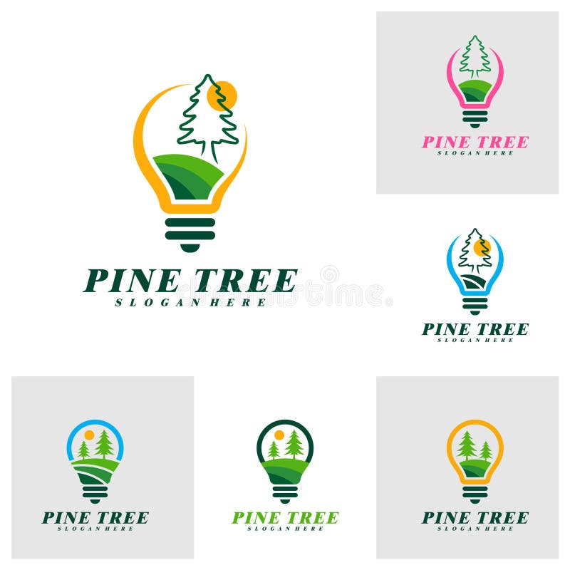 Set of Pine Tree with Bulb Logo Design Vector. Creative Pine Tree Logo Concepts Template Stock ...