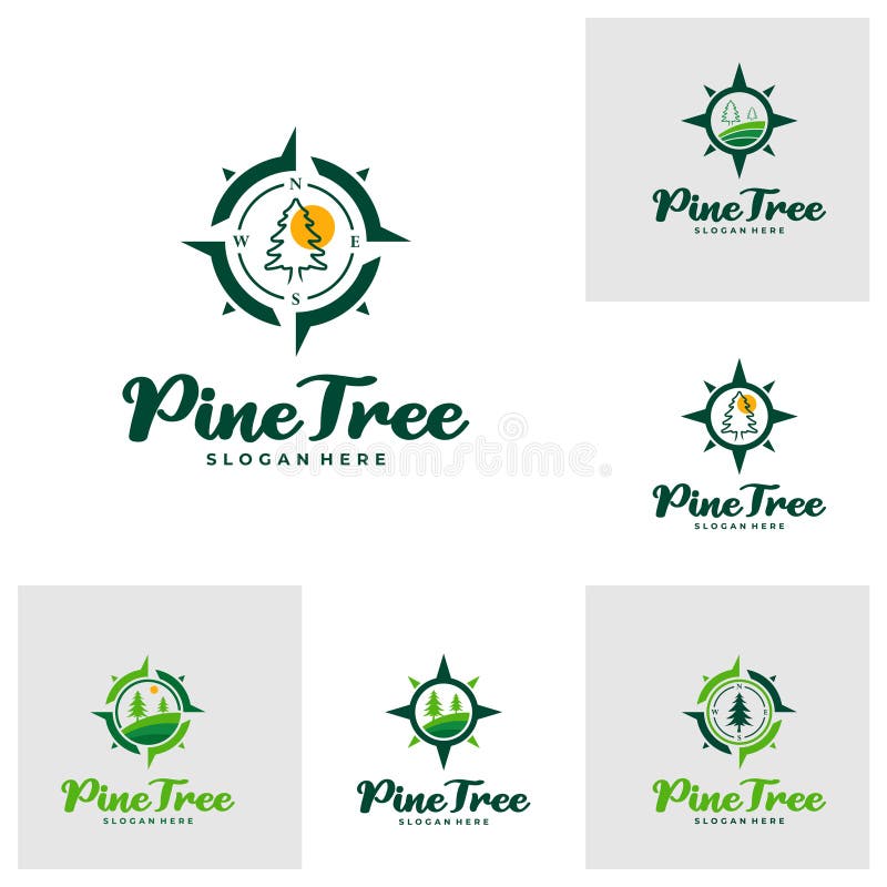 Set of Pine Tree with Compass Logo Design Vector. Creative Pine Tree ...