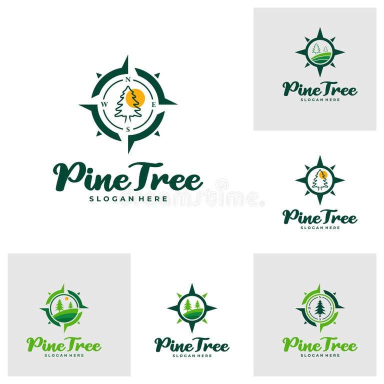 Set of Pine Tree with Compass Logo Design Vector. Creative Pine Tree ...