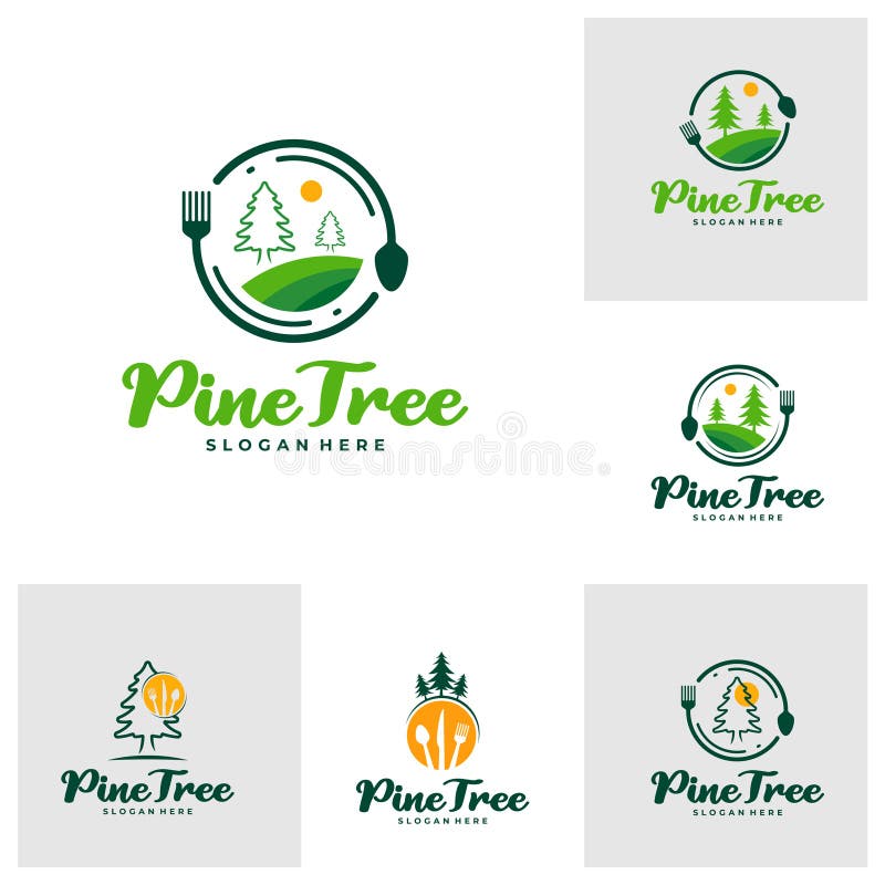 Set of Pine Tree with Food Logo Design Vector. Creative Pine Tree Logo Concepts Template Stock ...