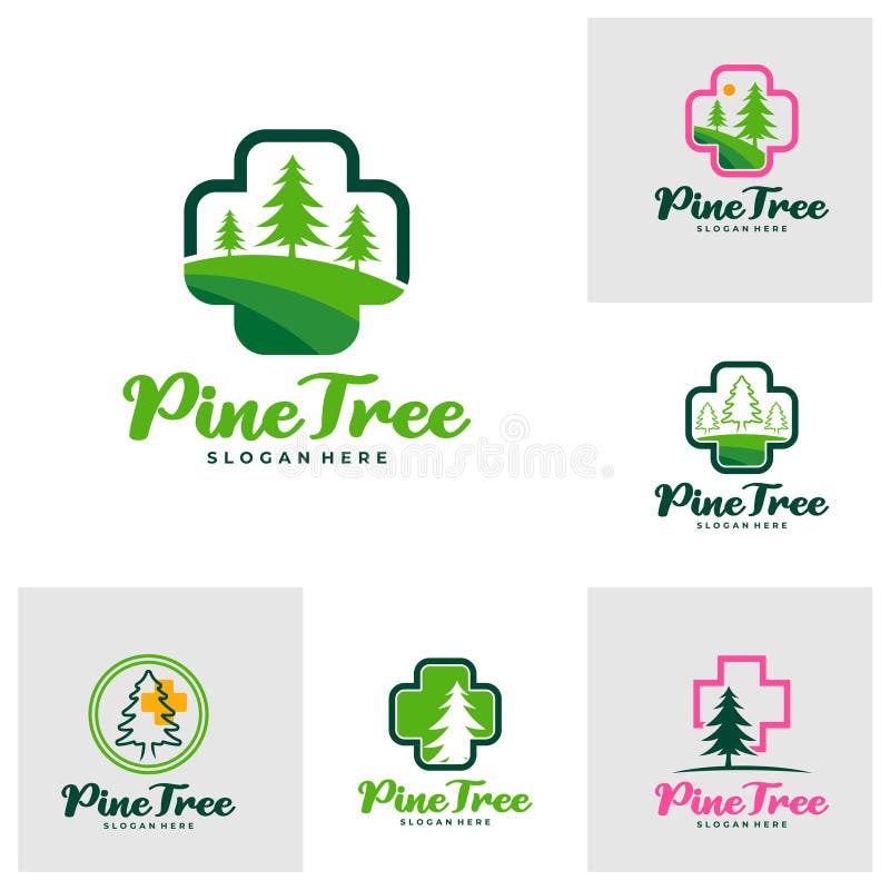 Set of Pine Tree with Health Plus Logo Design Vector. Creative Pine ...
