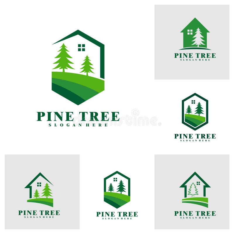 Set of Pine Tree with House Logo Design Vector. Creative Pine Tree Logo ...