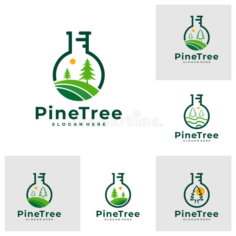 Set of Pine Tree with Lab Logo Design Vector. Creative Pine Tree Logo ...