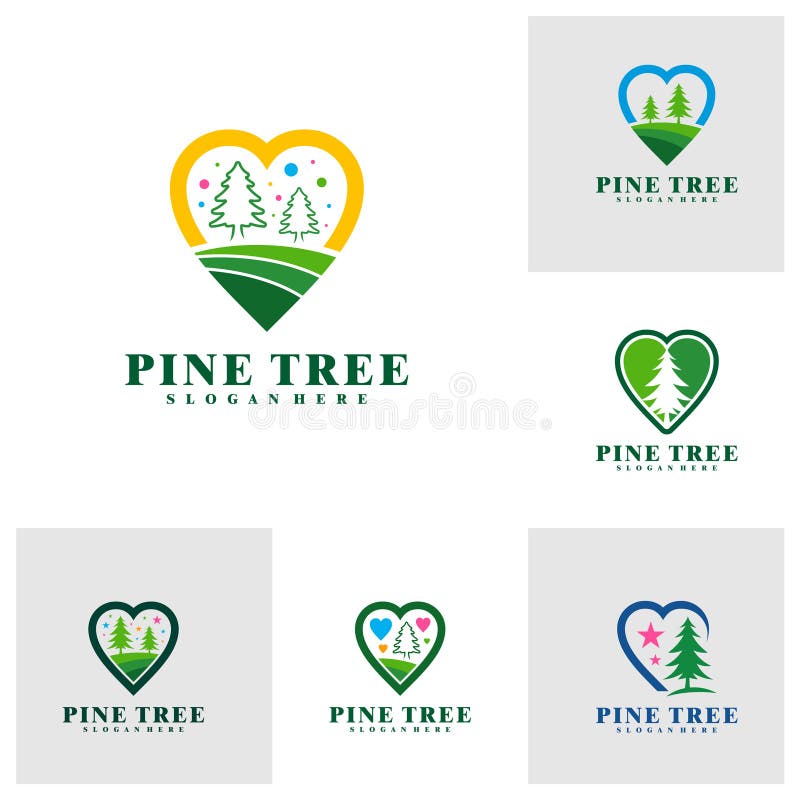 Set of Pine Tree with Love Logo Design Vector. Creative Pine Tree Logo ...