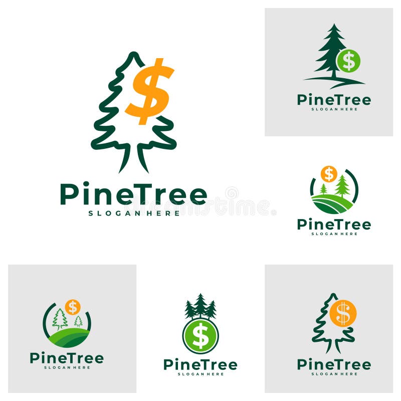 Set of Pine Tree with Money Logo Design Vector. Creative Pine Tree Logo ...