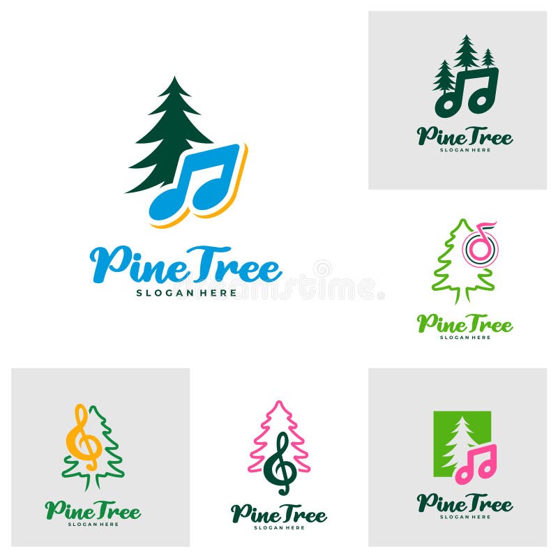 Set of Pine Tree with Note Music Logo Design Vector. Creative Pine Tree ...