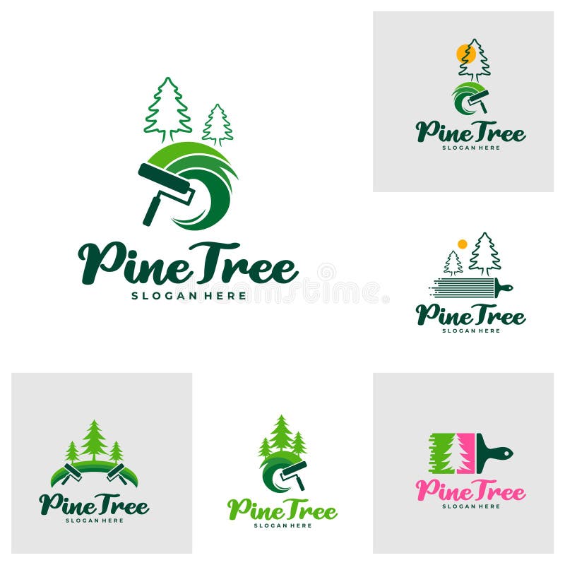 Set of Pine Tree with Paint Logo Design Vector. Creative Pine Tree Logo ...