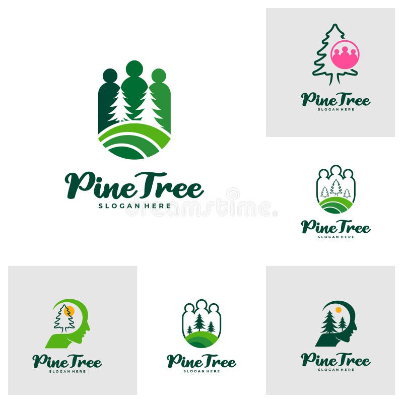 Set of Pine Tree with People Logo Design Vector. Creative Pine Tree ...