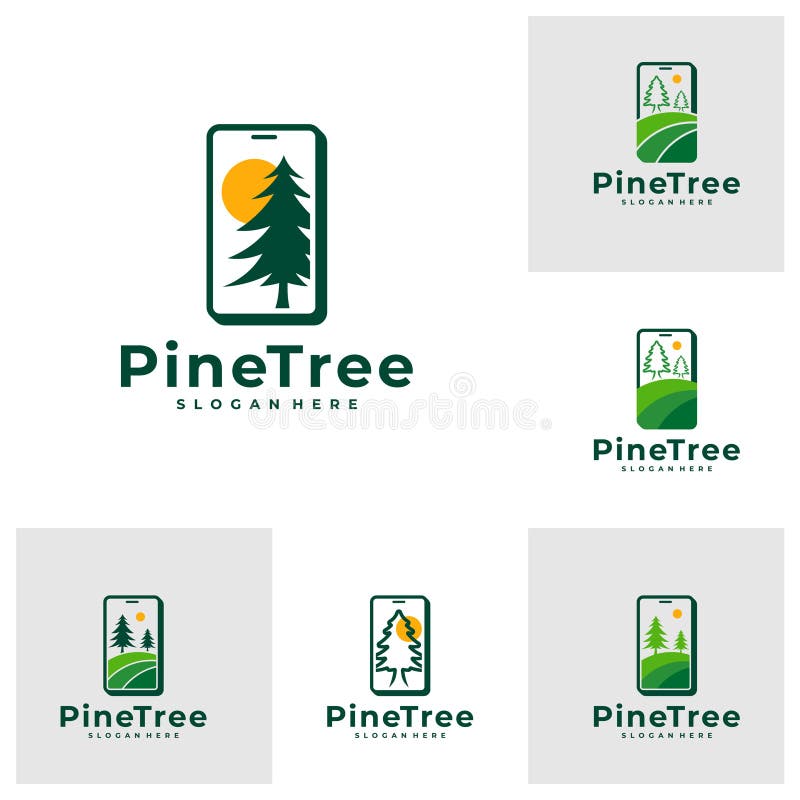 Set of Pine Tree with Phone Logo Design Vector. Creative Pine Tree Logo ...