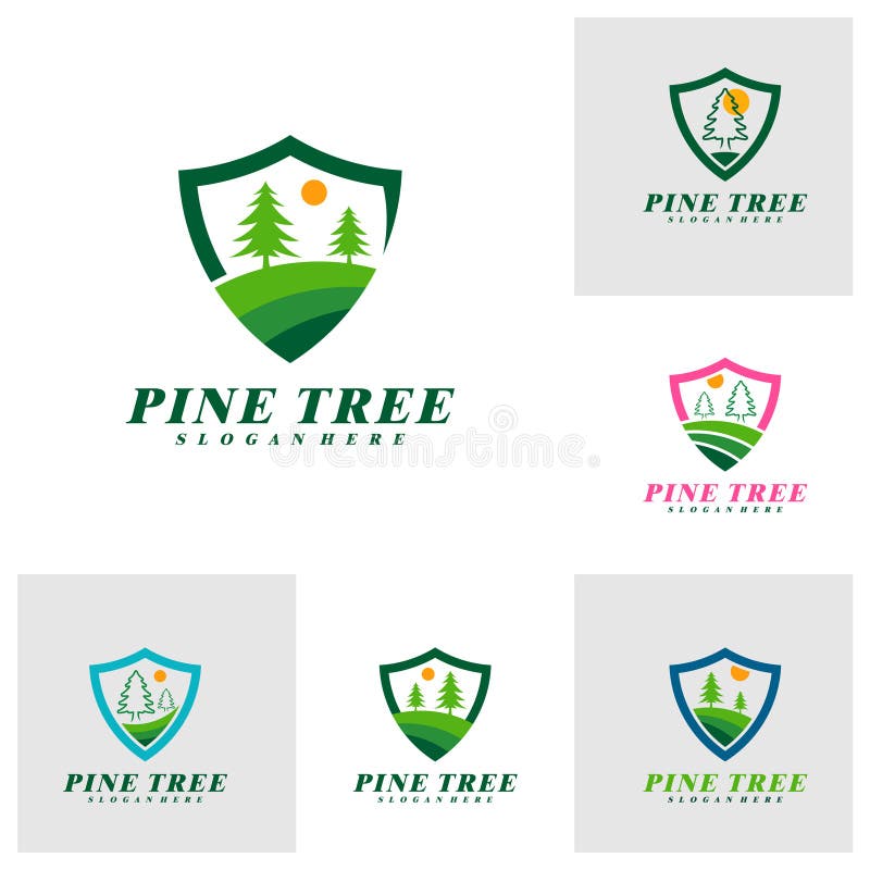 Set of Pine Tree with Shield Logo Design Vector. Creative Pine Tree ...