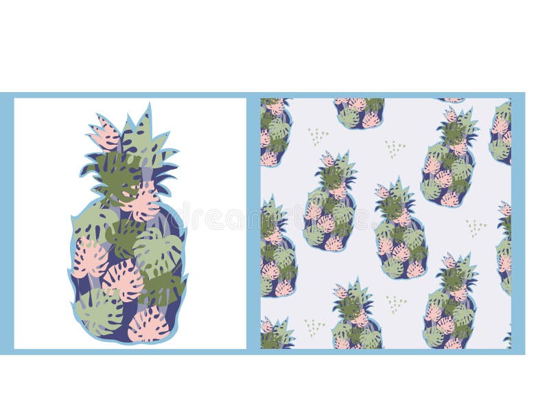 Set of Pineapple Shape with Tropical Leaves and Matching Seamless ...