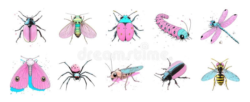 A Set of Pink and Blue Insects Isolated on White. Stock Illustration ...